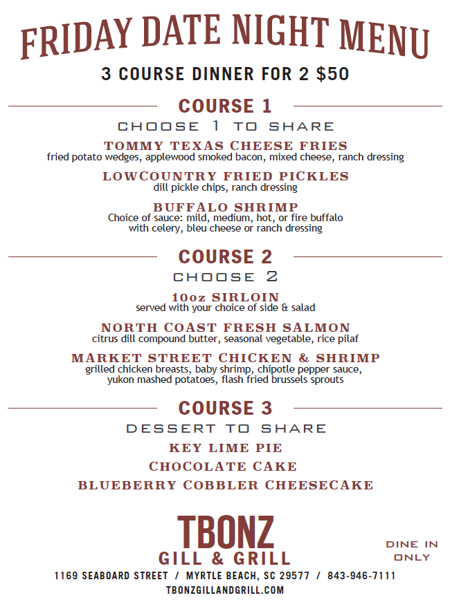 TBonz Myrtle Beach Menus