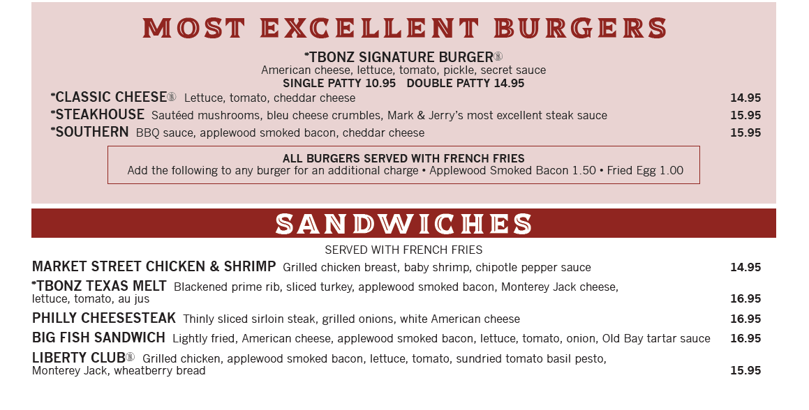 TBonz Myrtle Beach Menus