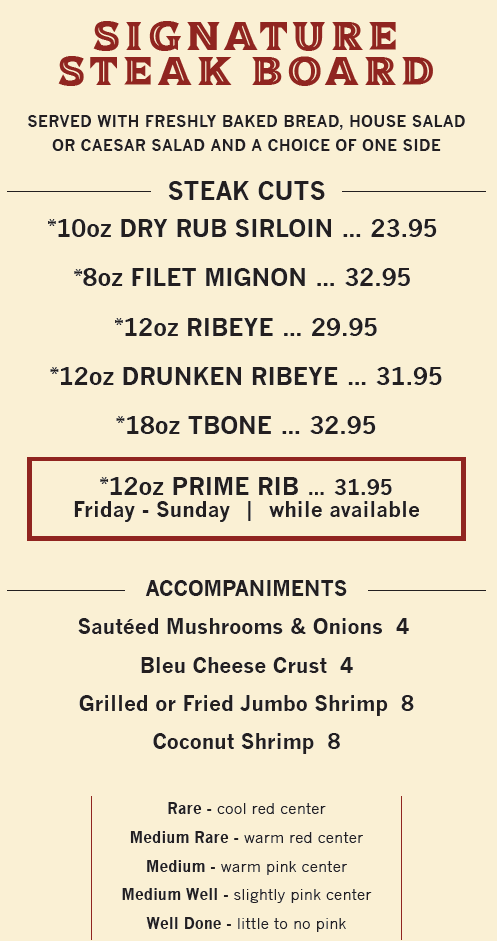 TBonz Myrtle Beach Menus