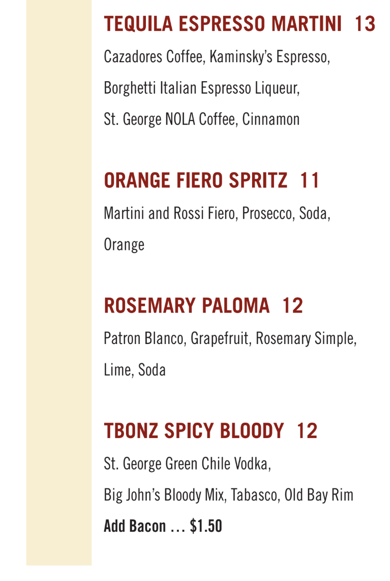 TBonz Downtown Charleston Menus