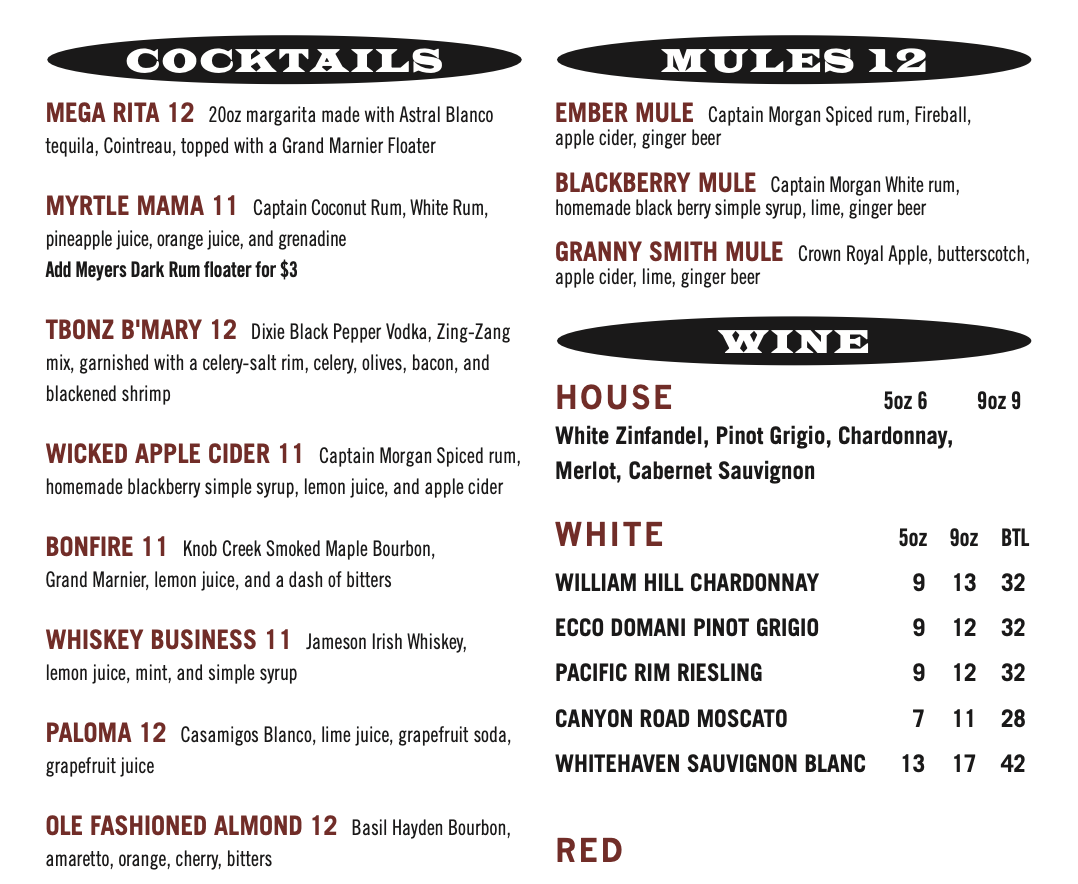 TBonz Myrtle Beach Menus