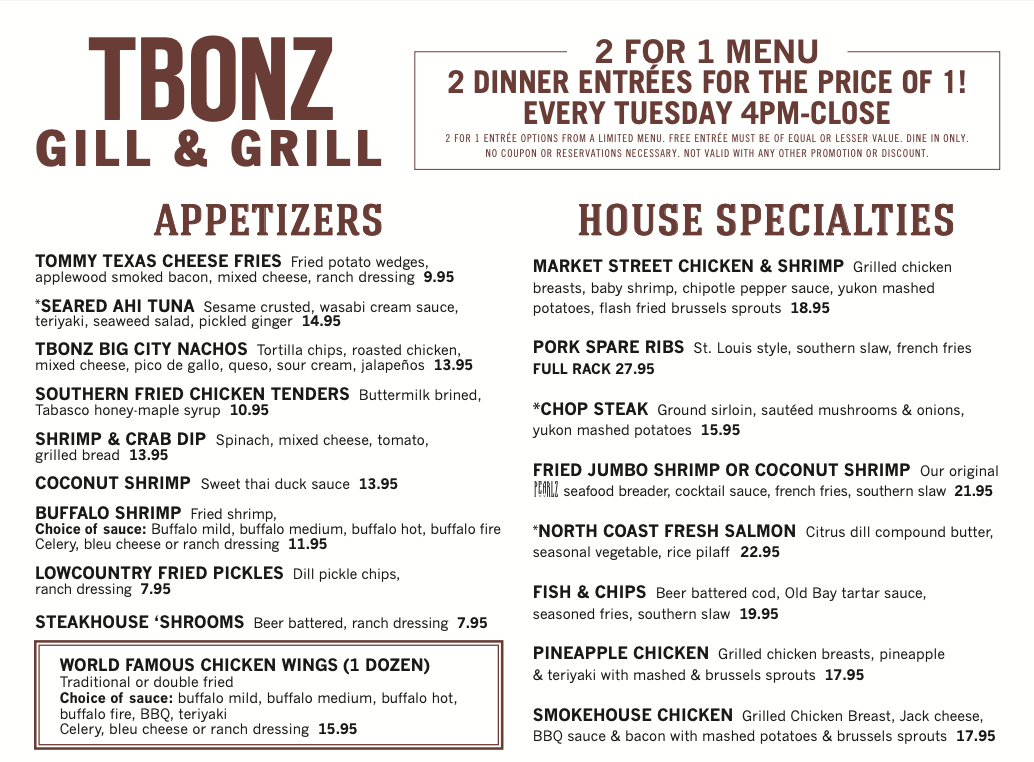 TBonz Myrtle Beach Menus