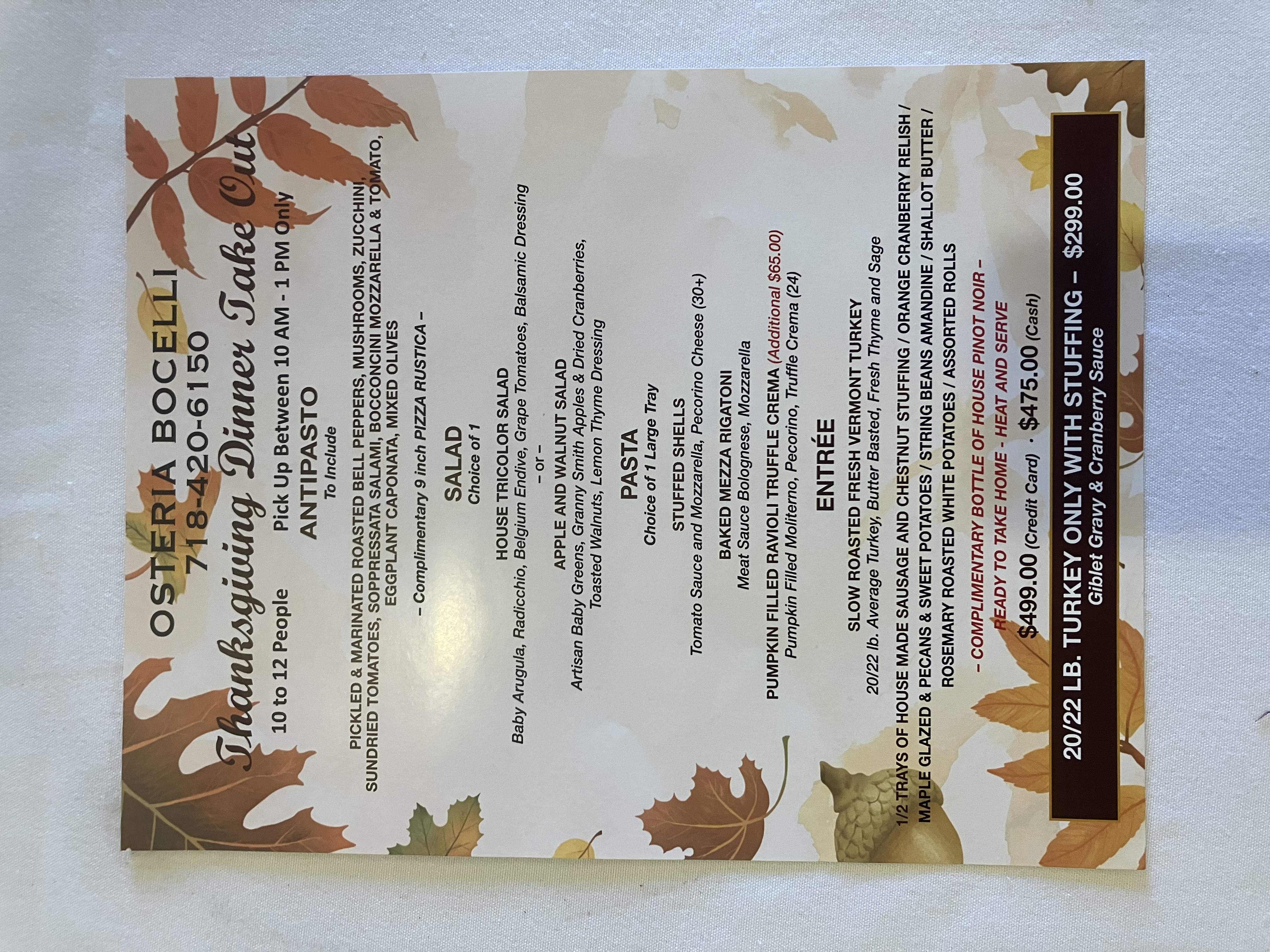 Menus | Osteria Bocelli in Staten Island, NY