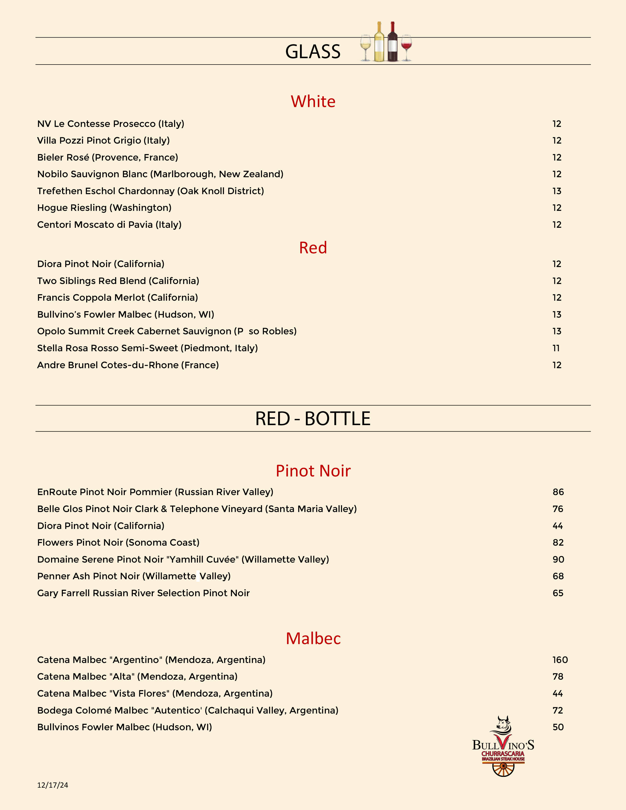 Menus | Bullvino’s Brazilian Steakhouse | Churrascaria