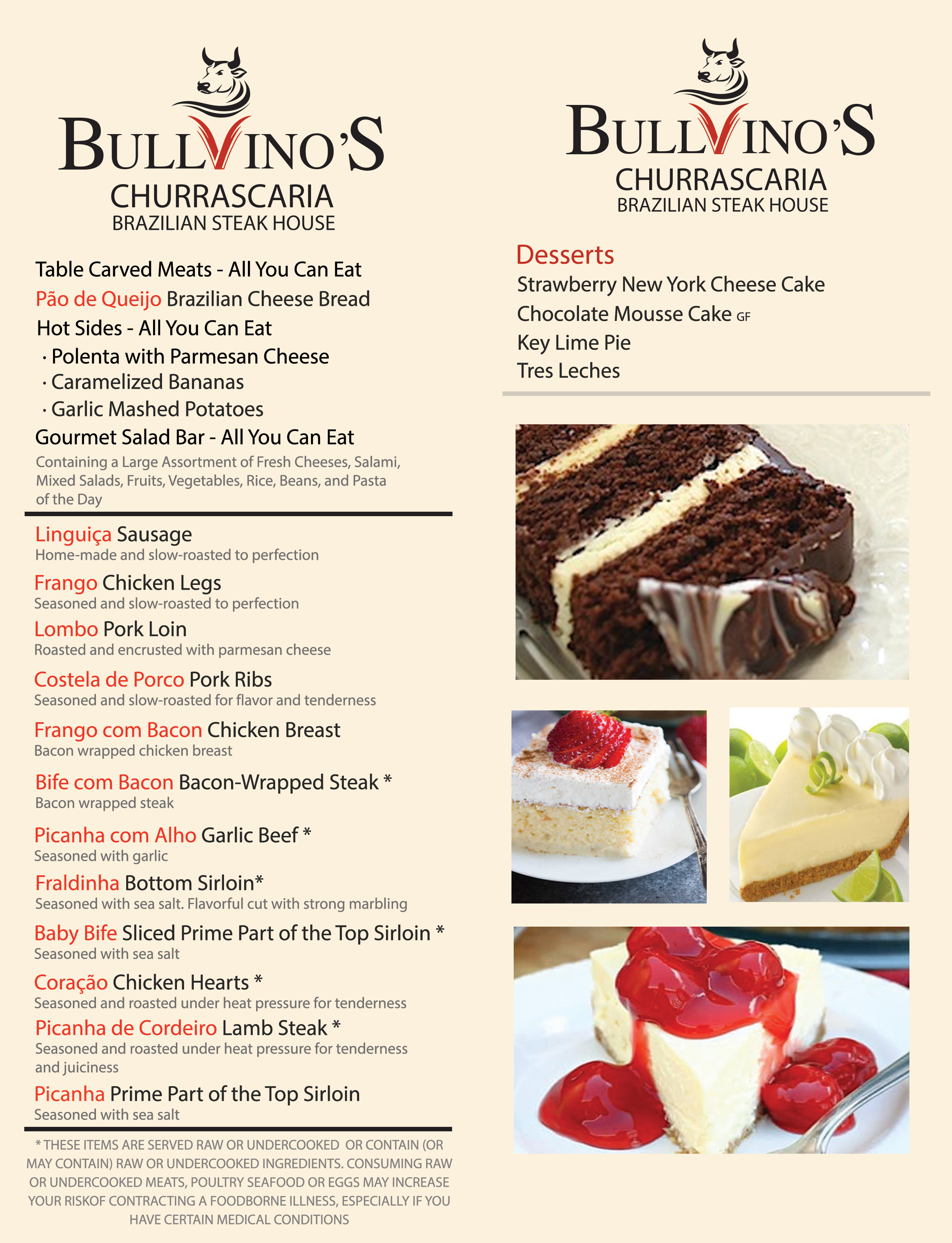 Menus | Bullvino’s Brazilian Steakhouse | Churrascaria