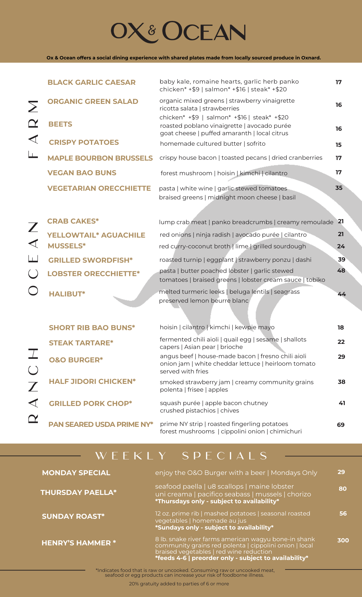 Menus | Ox and Ocean in Oxnard, CA