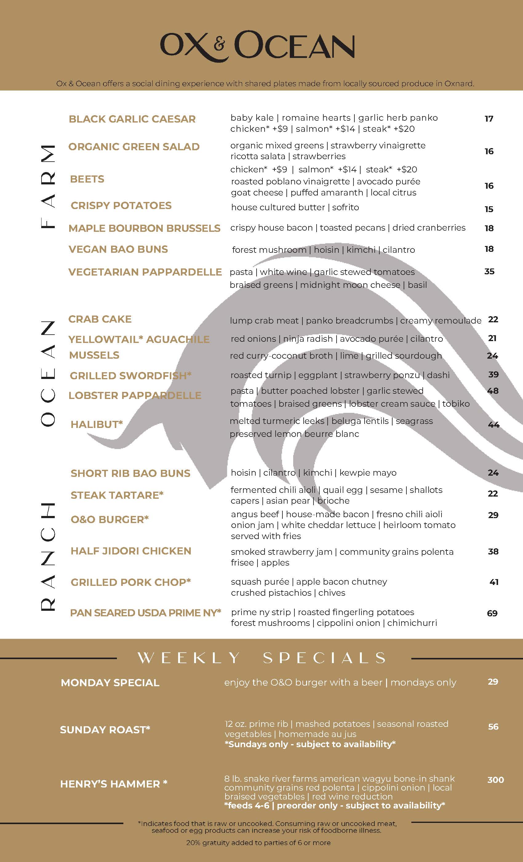 Menus | Ox and Ocean in Oxnard, CA