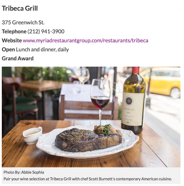 Tribeca Grill is one 12 NYC Restaurants to earn Coveted Grand Award ...