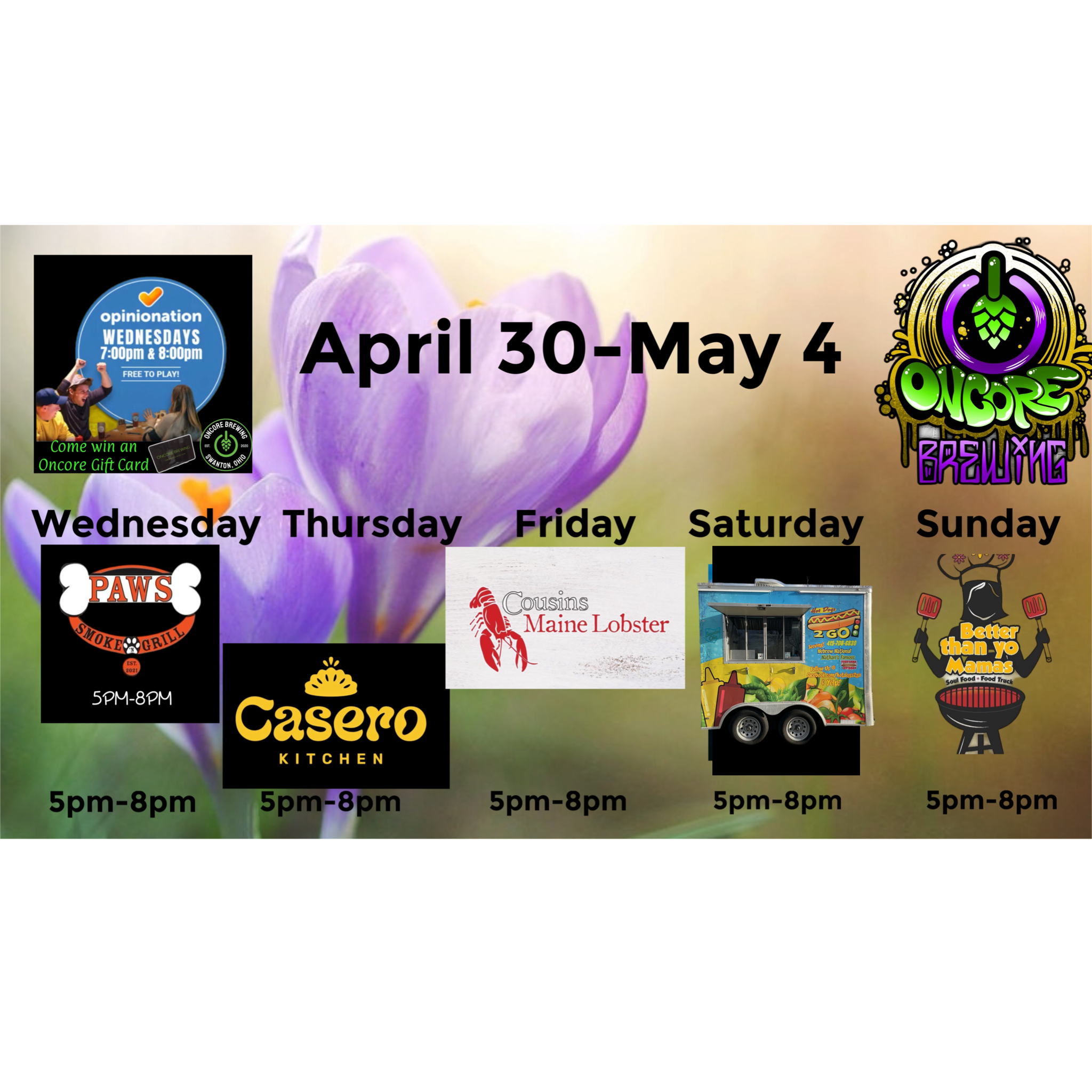 Weekly Food Truck schedule menu | Oncore Brewing | Brewery in Swanton, OH