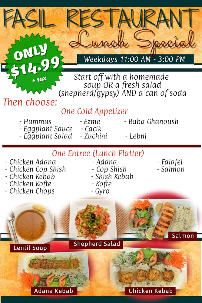 Menus | Fasil Mediterranean Restaurant in Boonton, New Jersey