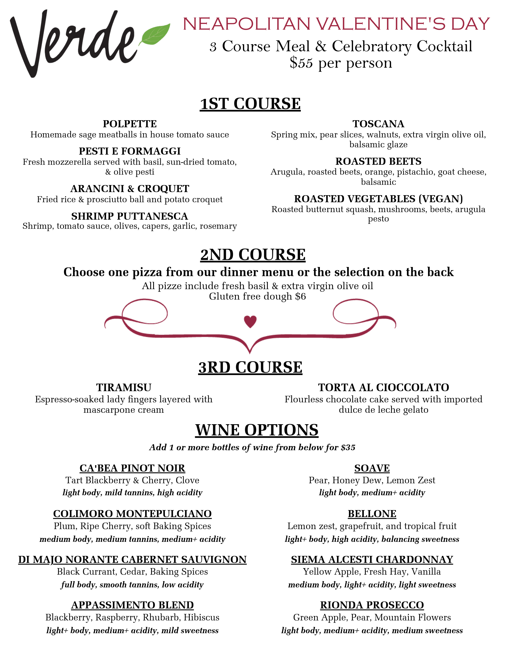 Valentine's Prix Fixe Menu | Verde | Pizza Restaurant in Baltimore, MD