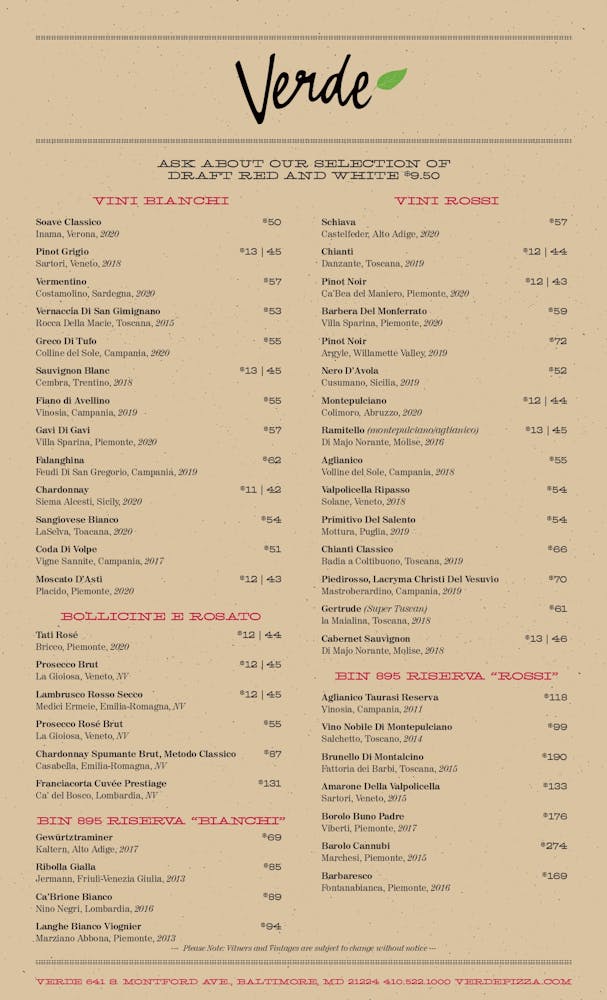 Menus | Verde Pizza in Baltimore, MD