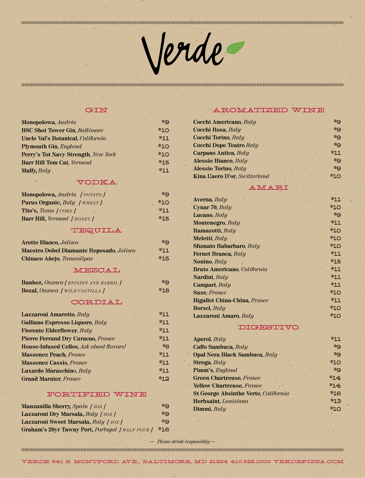 Menus | Verde Pizza in Baltimore, MD