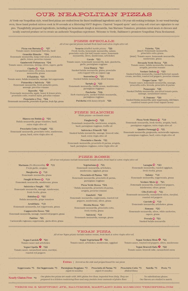 Menus | Verde Pizza in Baltimore, MD