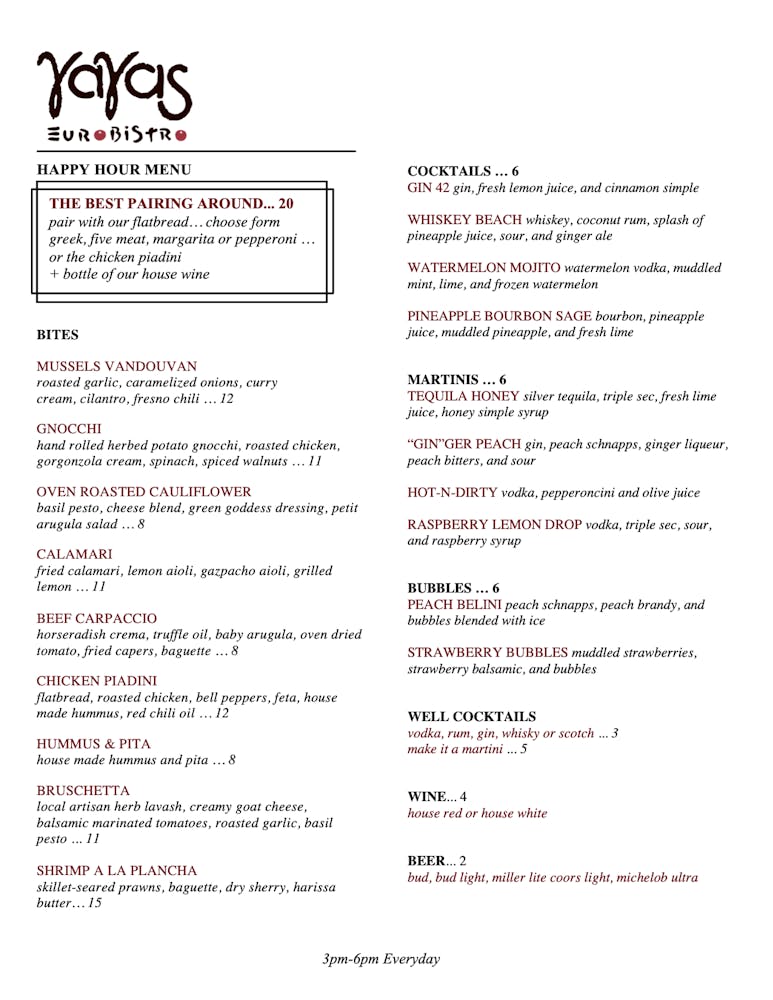 Overland Park Menus | YaYa's Euro Bistro in Overland Park, Kansas