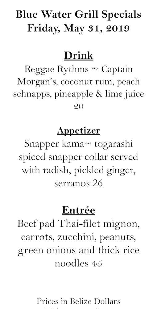 Menus | Blue Water Grill