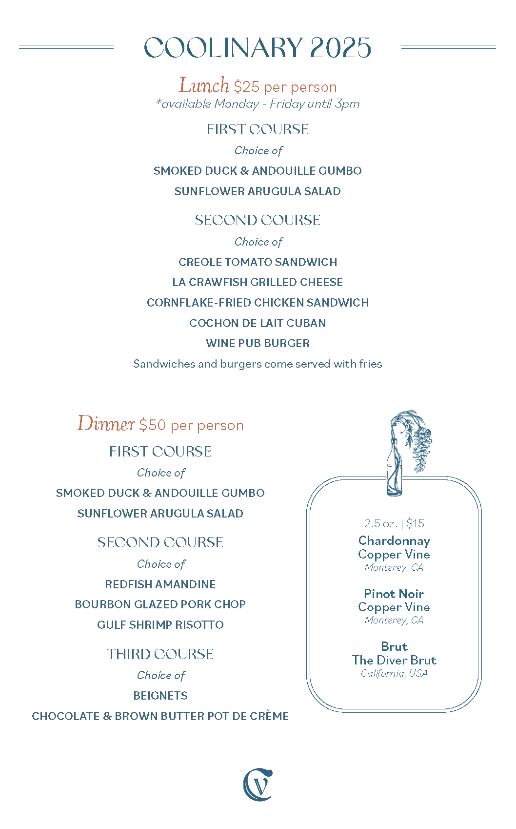 Menus | Copper Vine in New Orleans, LA