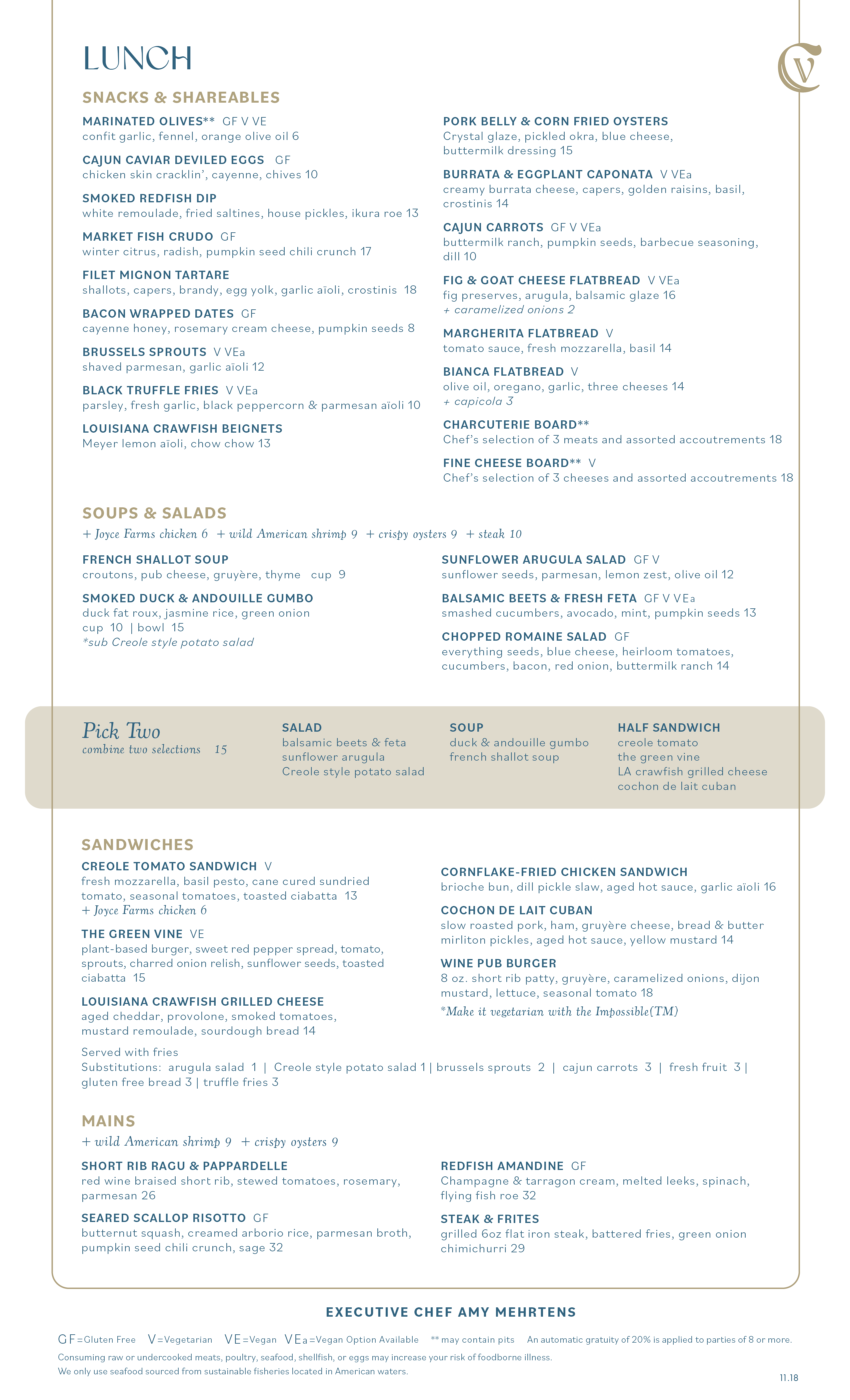 Menus | Copper Vine in New Orleans, LA