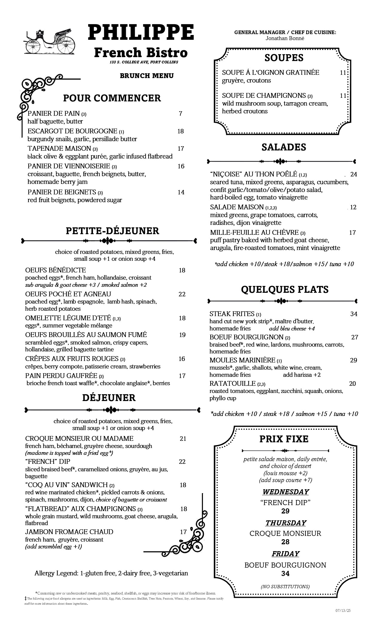 Menus | Philippe French Bistro & Bakery in Fort Collins, CO
