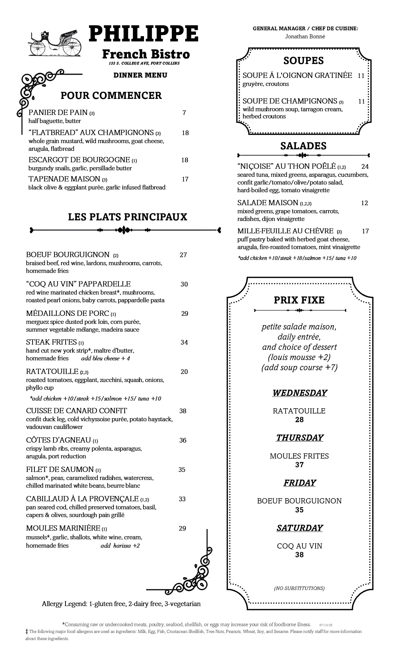 Menus | Philippe French Bistro & Bakery in Fort Collins, CO
