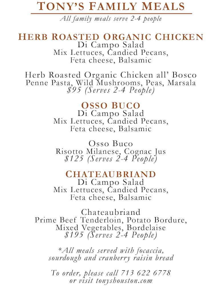Menu | Tony's Restaurant in Houston, TX