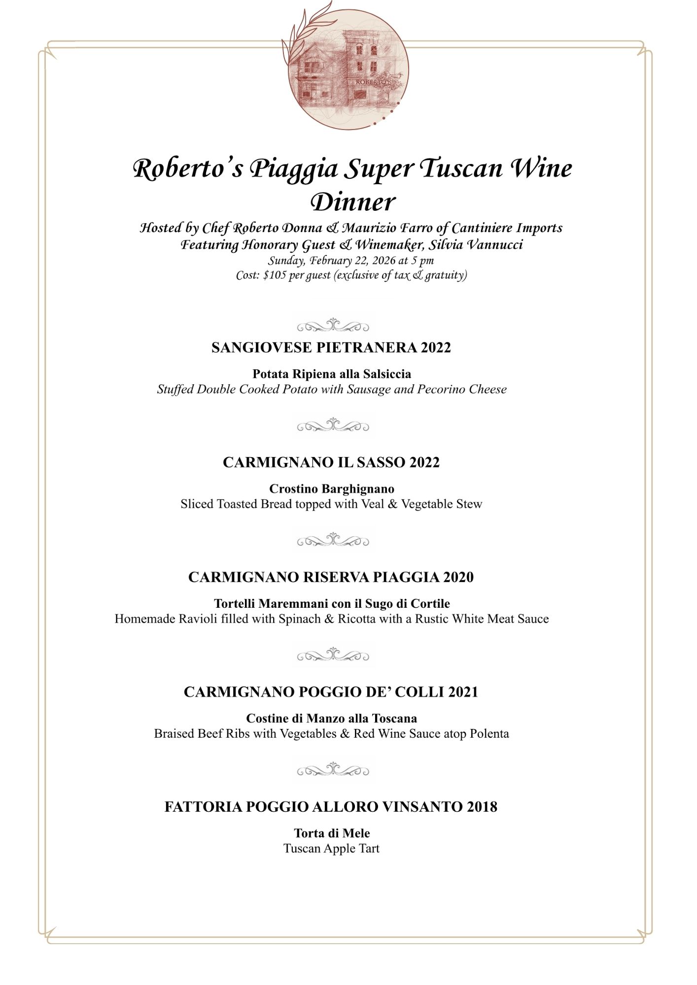 Piaggia Super Tuscan Wine Dinner | Roberto's Ristorante Italiano ...