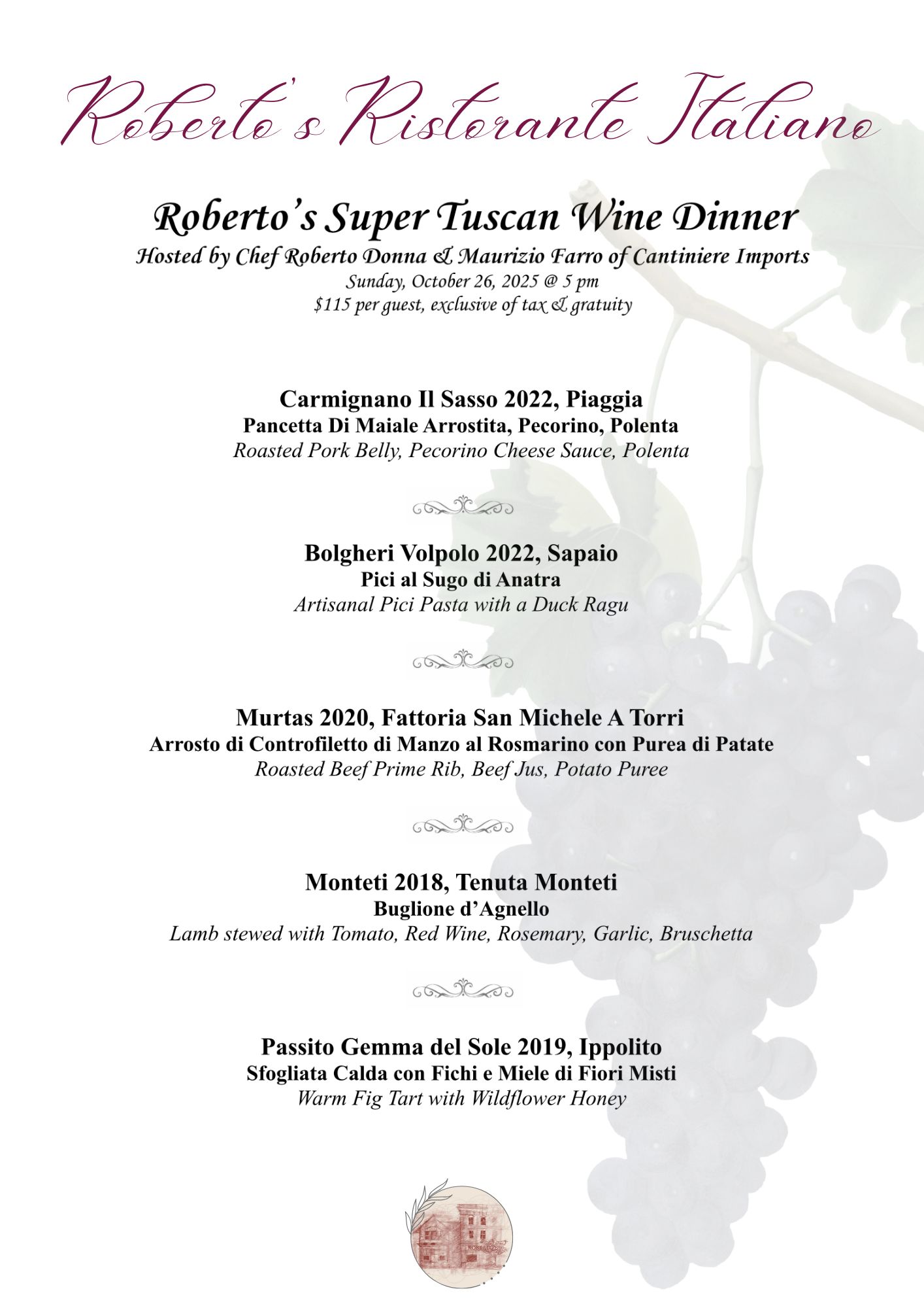 Roberto's Super Tuscan Wine Dinner | Roberto's Ristorante Italiano ...