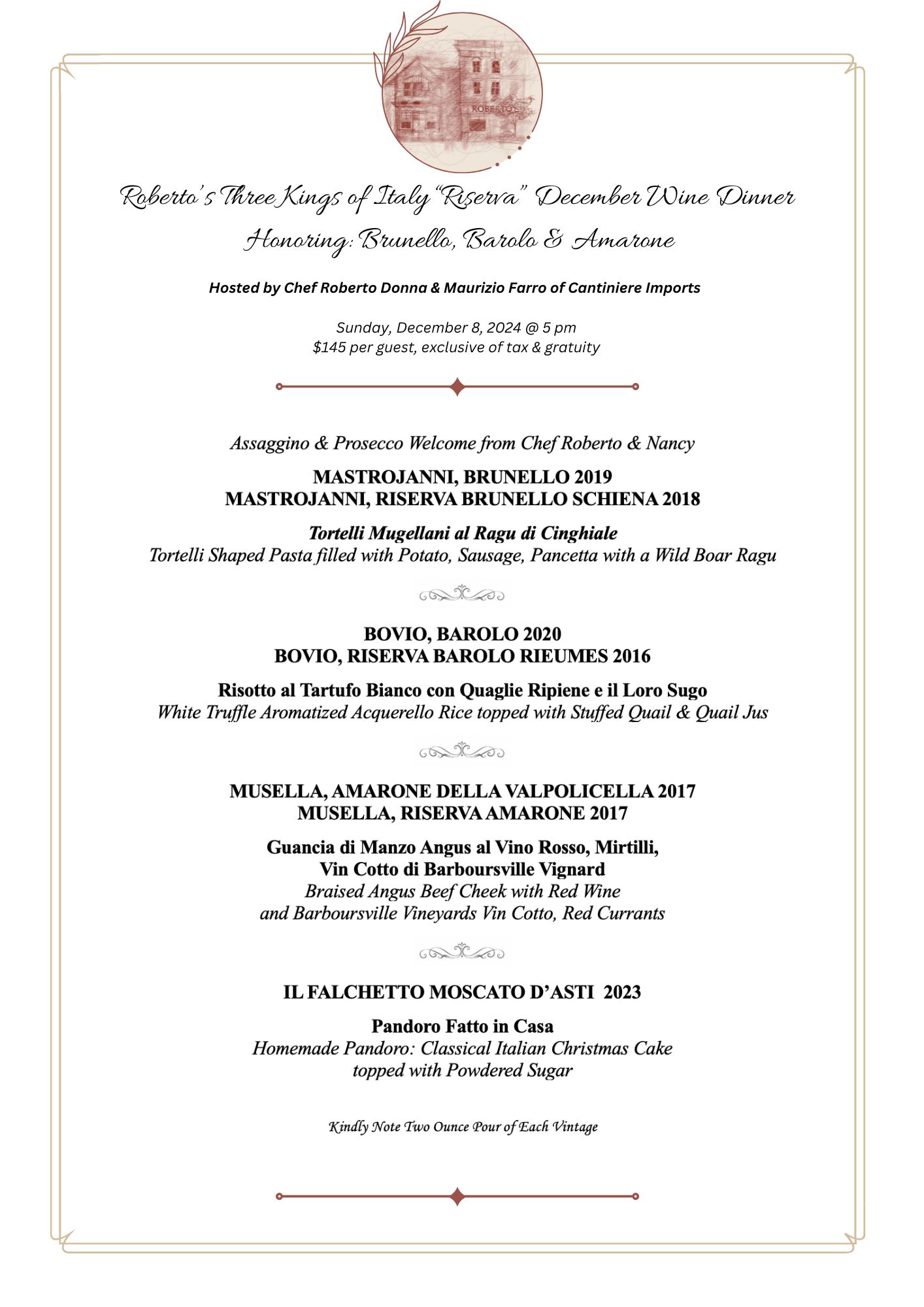 Roberto's Three Kings of Italy "Riserva" December Wine Dinner | Roberto ...