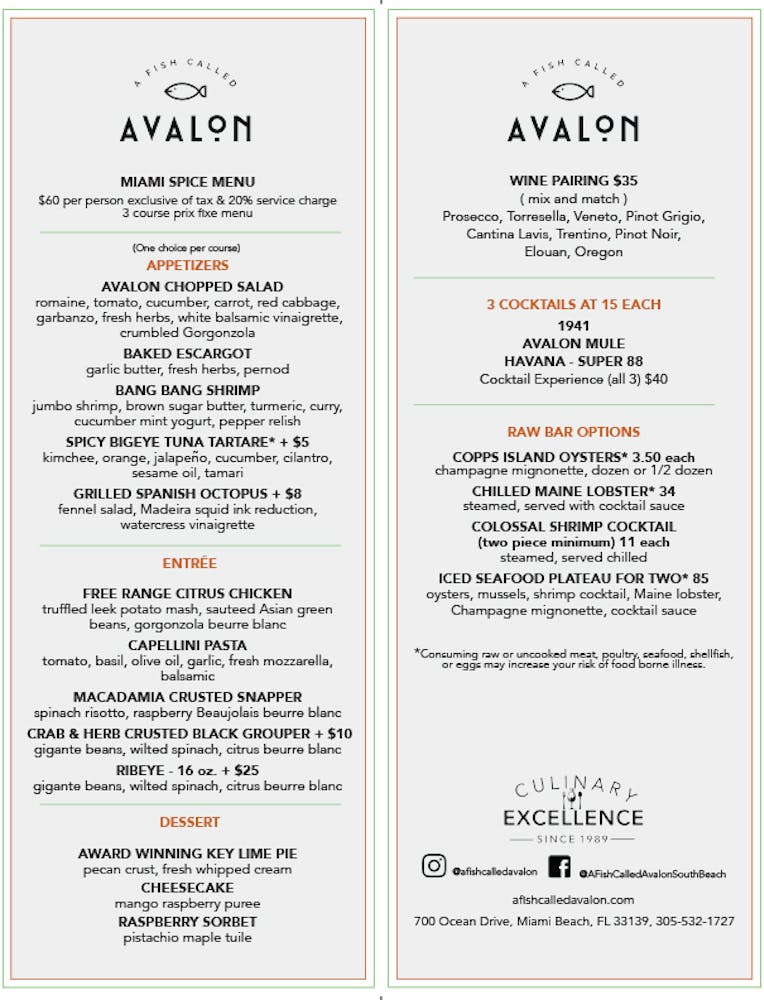 Our Menus | A Fish Called Avalon in Miami Beach, FL