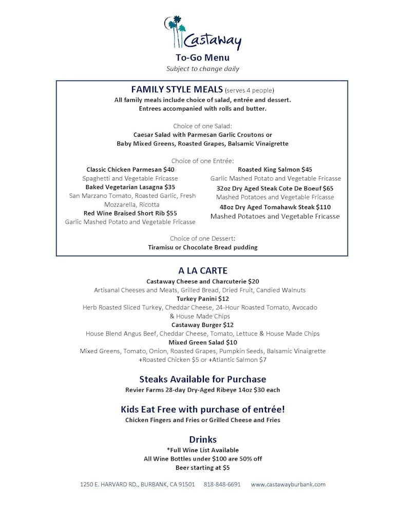 To Go Menu available 12pm to 6pm | The Castaway Burbank | Seasonally ...