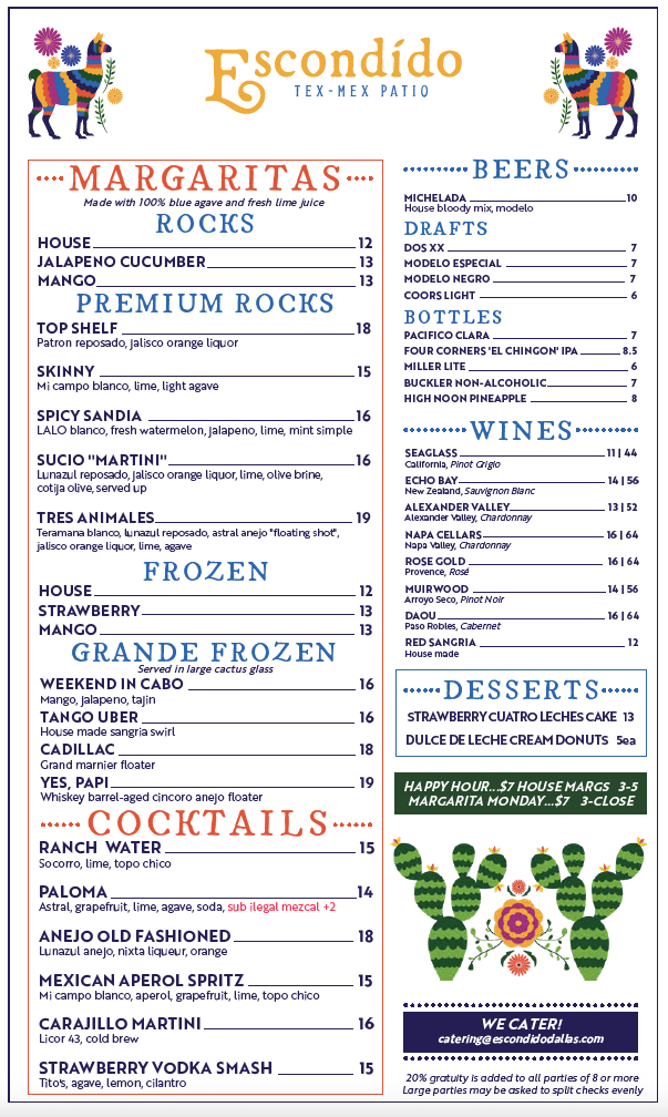 Bar Menu | Escondido Restaurant | Mexican Restaurant in Dallas, TX