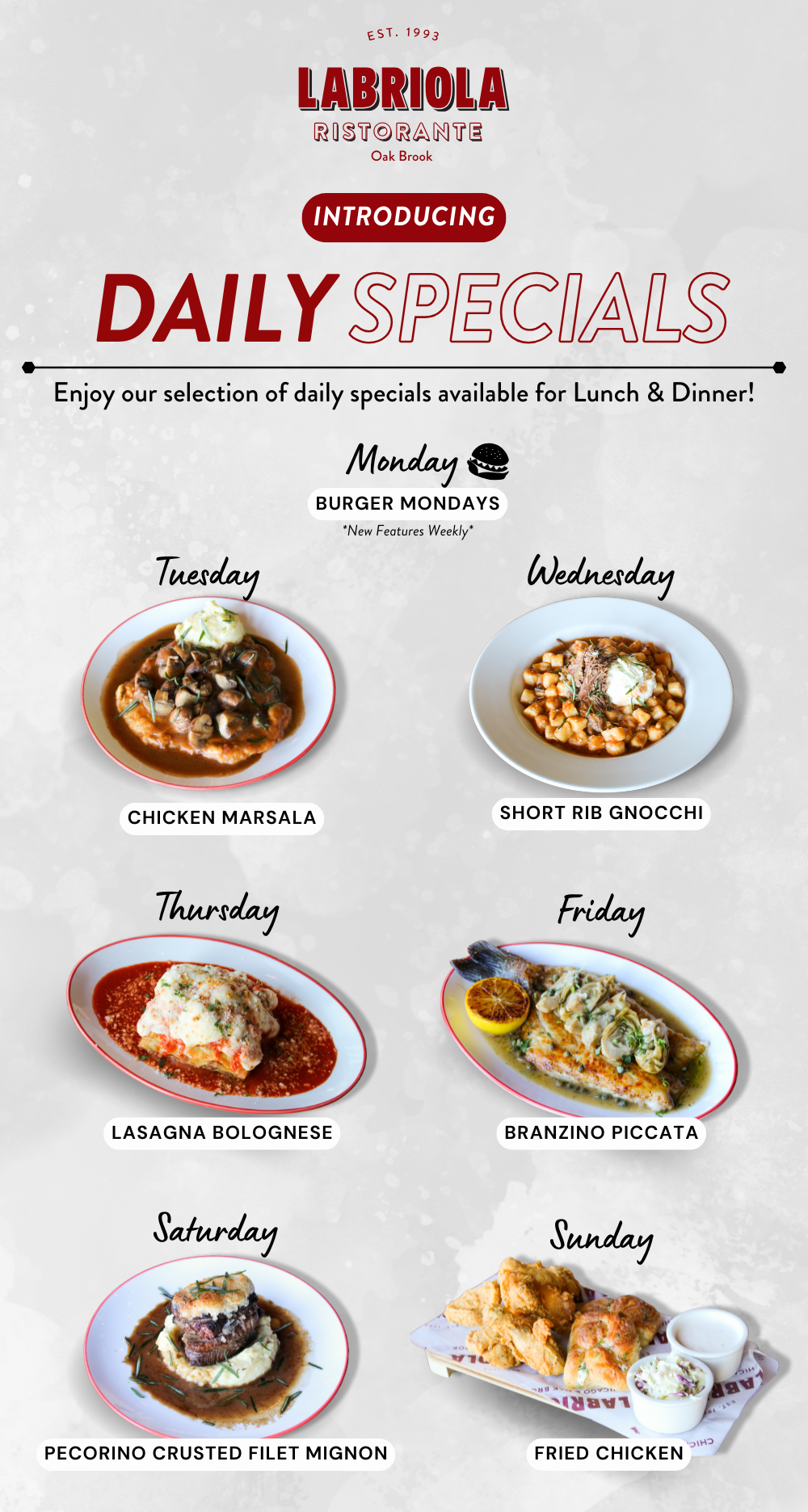 Daily Specials | Labriola Ristorante | Italian Restaurant in Oak Brook, IL