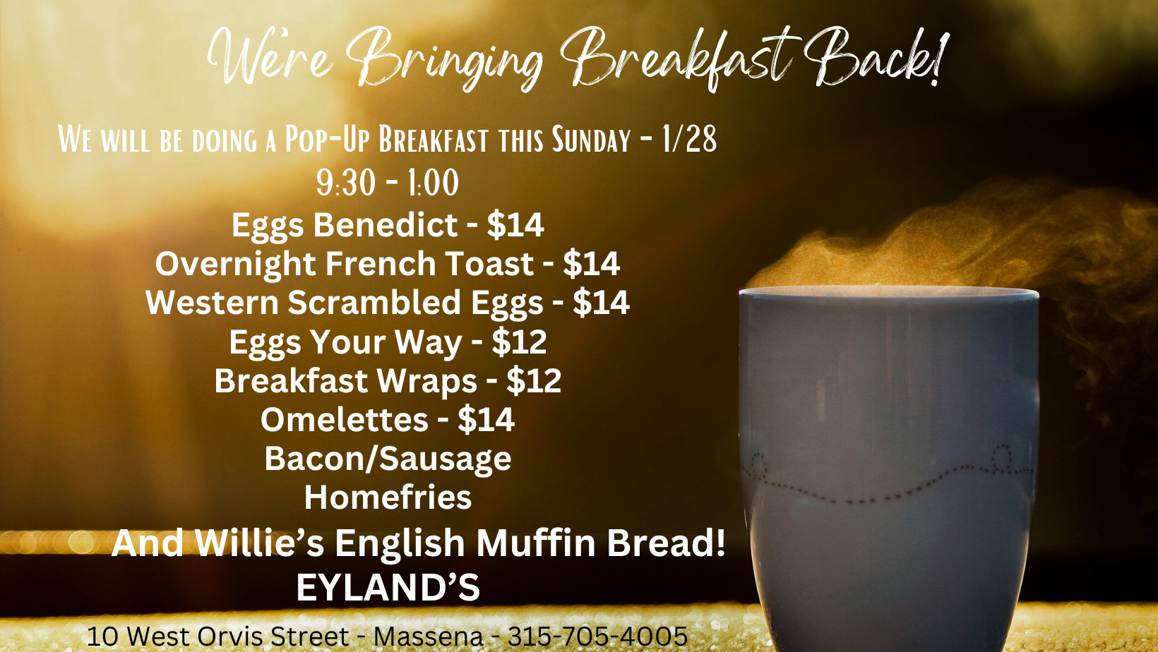 Pop Up Breakfast - Sunday January 28th | Eyland's on Main | Located in ...