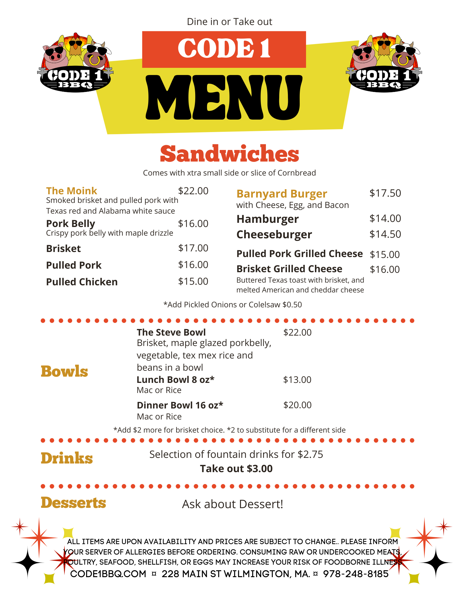 Menus | Code 1 BBQ in Wilmington, MA