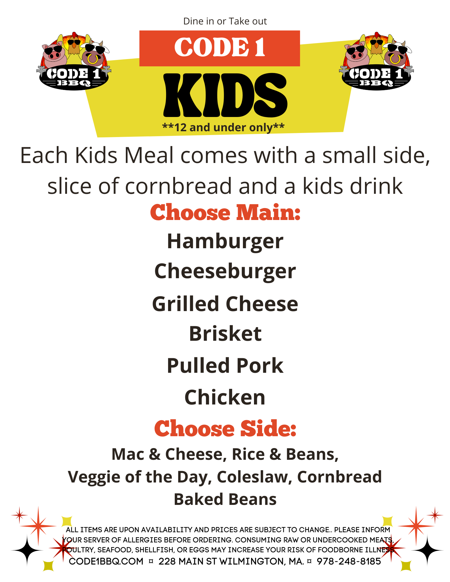 Menus | Code 1 BBQ in Wilmington, MA