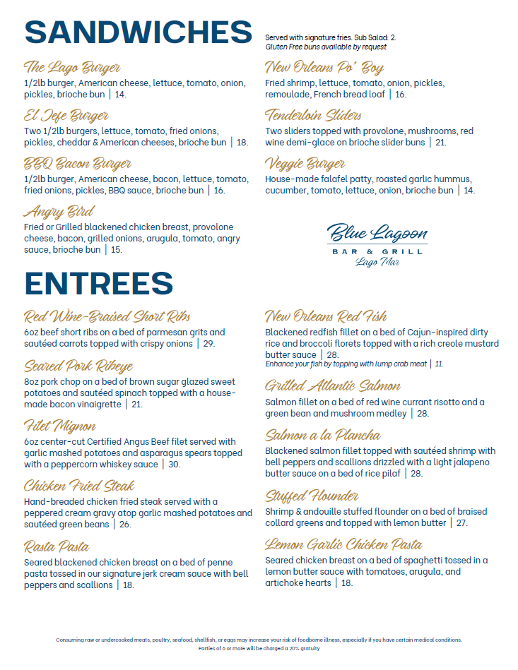 Menus | Blue Lagoon Bar & Grill Lago Mar in Texas City, TX
