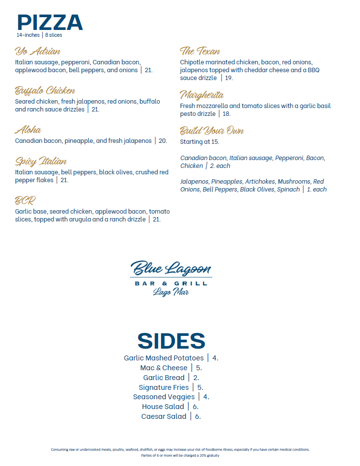 Menus | Blue Lagoon Bar & Grill Lago Mar in Texas City, TX