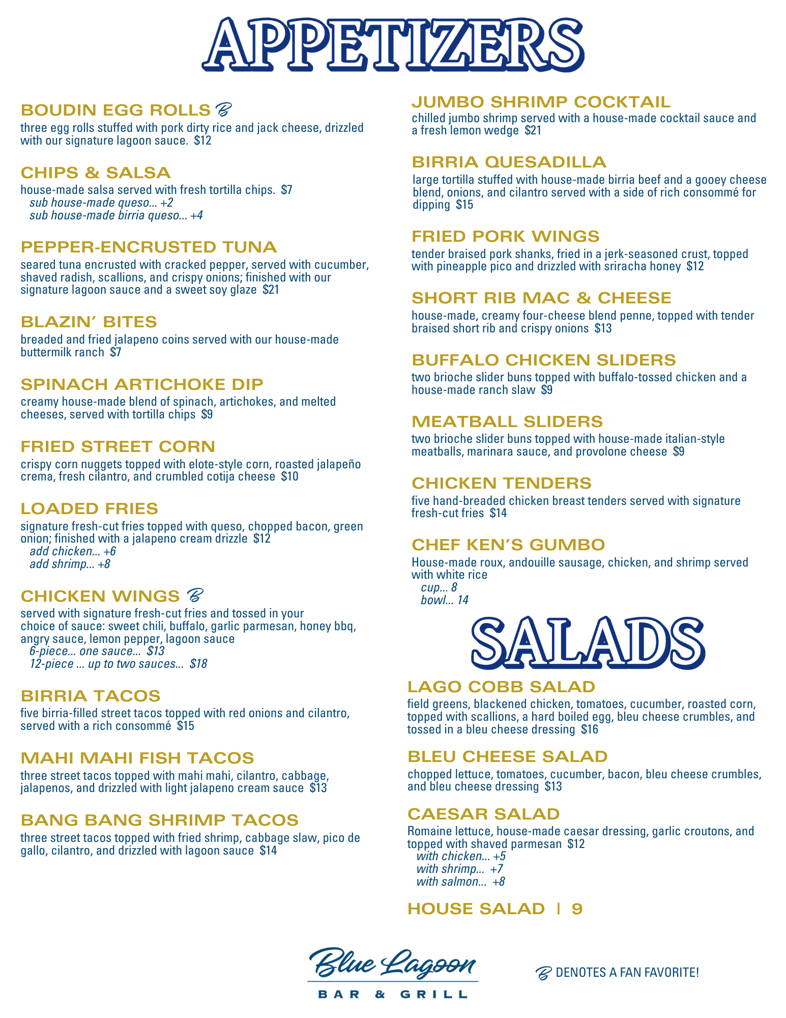 Menus | Blue Lagoon Bar & Grill Lago Mar in Texas City, TX