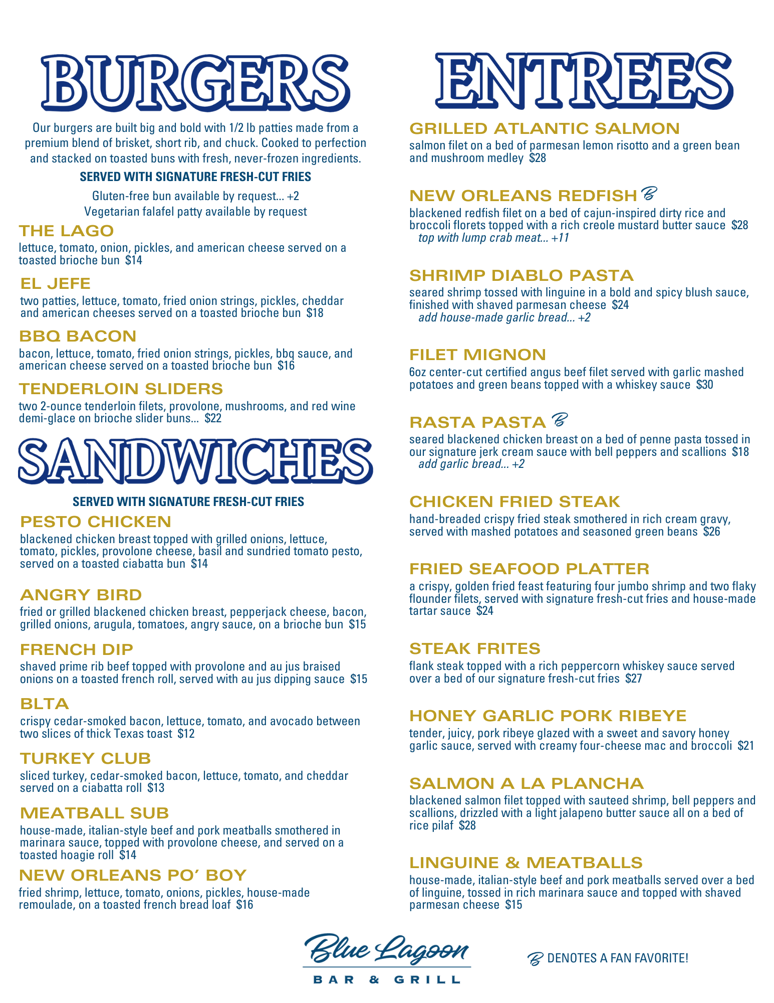 Menus | Blue Lagoon Bar & Grill Lago Mar in Texas City, TX