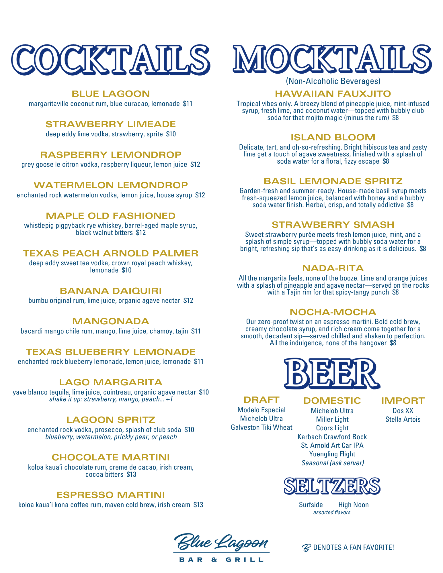 Menus | Blue Lagoon Bar & Grill Lago Mar in Texas City, TX