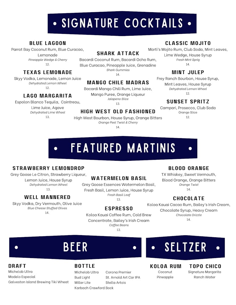 Menus | Blue Lagoon Bar & Grill Lago Mar in Texas City, TX