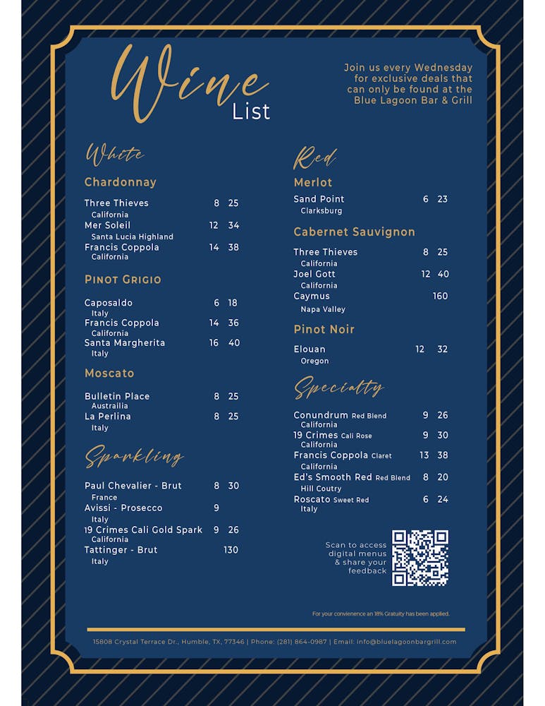 Menus | Blue Lagoon Bar & Grill Balmoral in Humble, TX