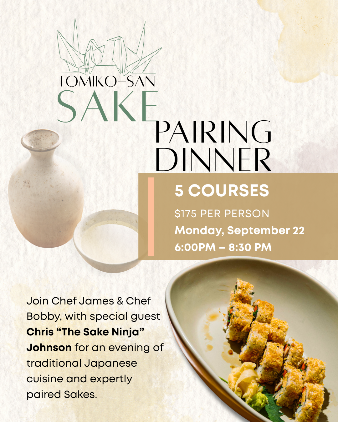 Sake Pairing Dinner | Tomiko-San | Sushi Restaurant Wilmington, NC