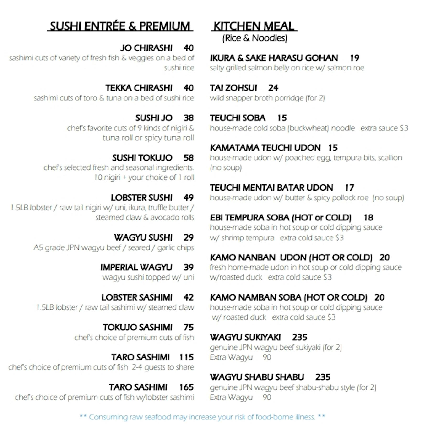 Menus | Sushi Taro