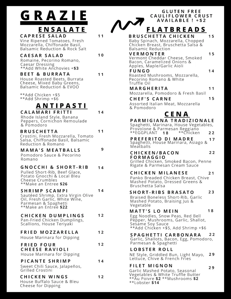 Menus | Grazie