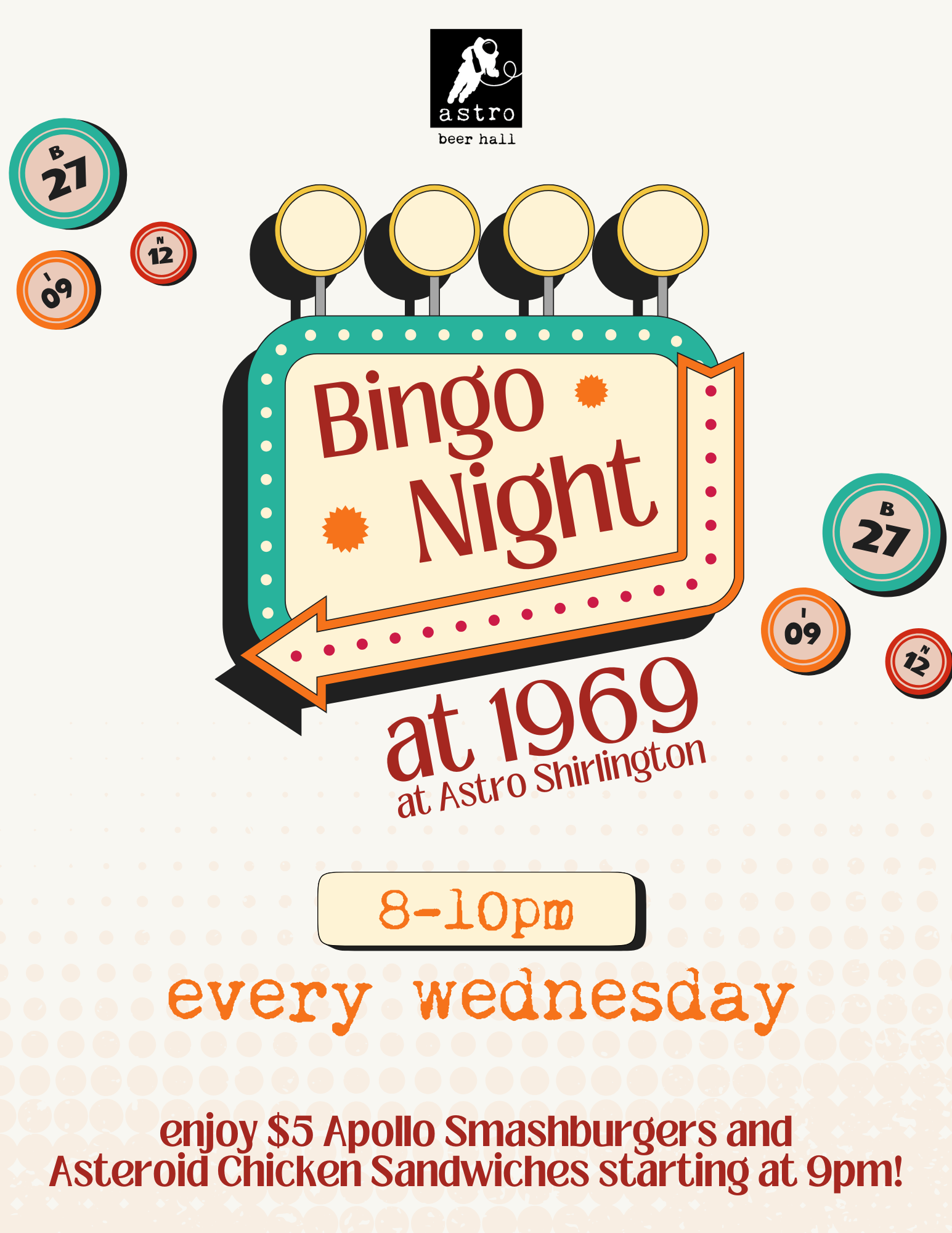 Bingo Wednesdays @ 8pm in 1969! | Astro Beer Hall | Retro-Inspired Bar ...