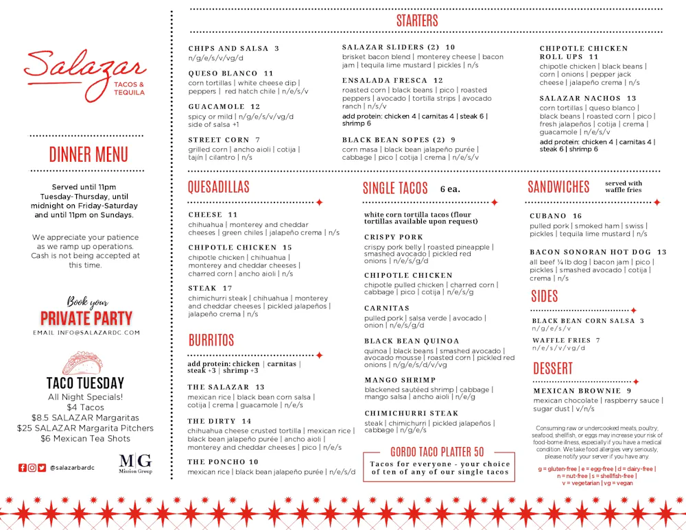 Menus | Salazar in Washington, DC