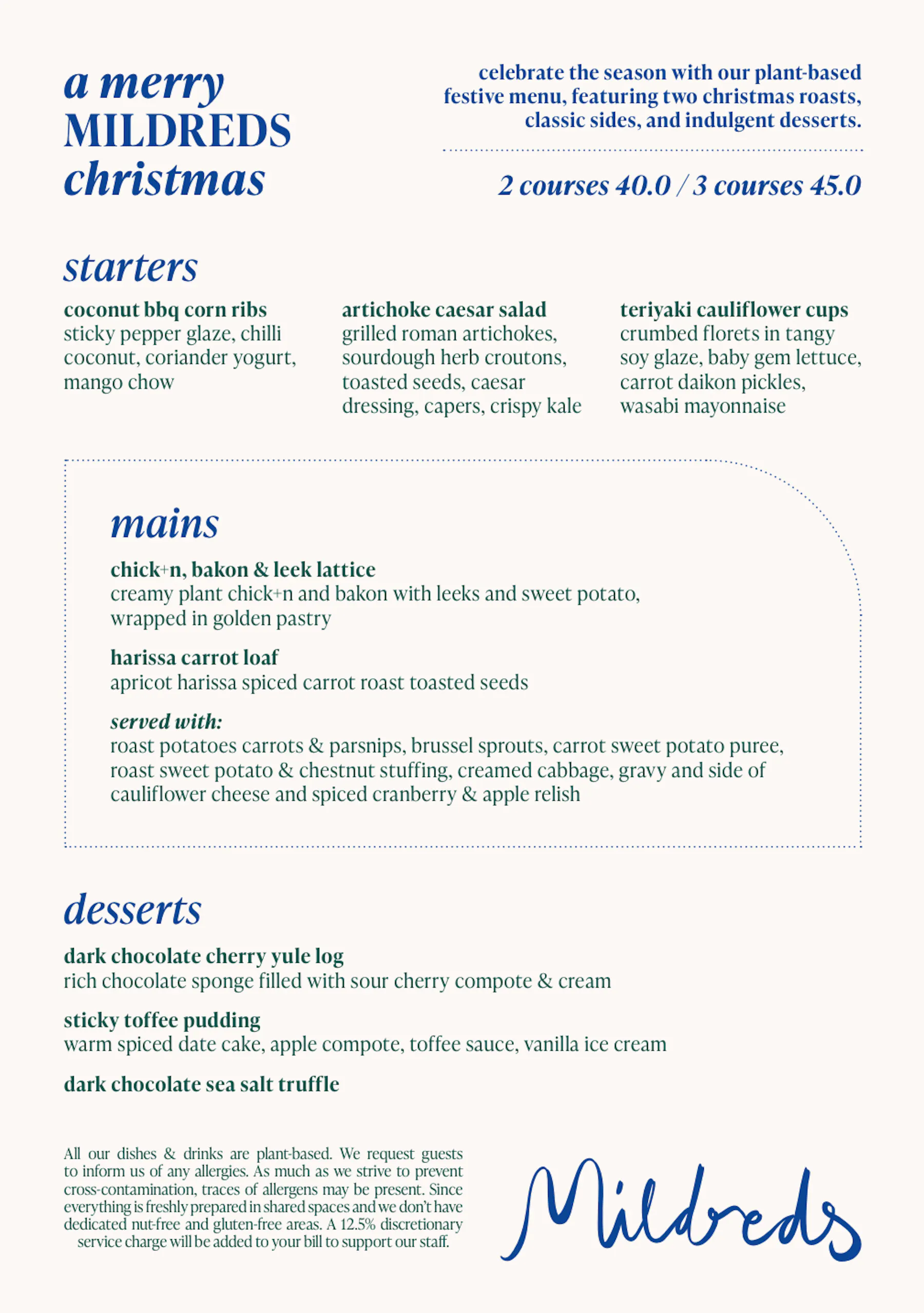 Vegan Christmas Dinner & Lunch in London | Mildreds Festive Menu