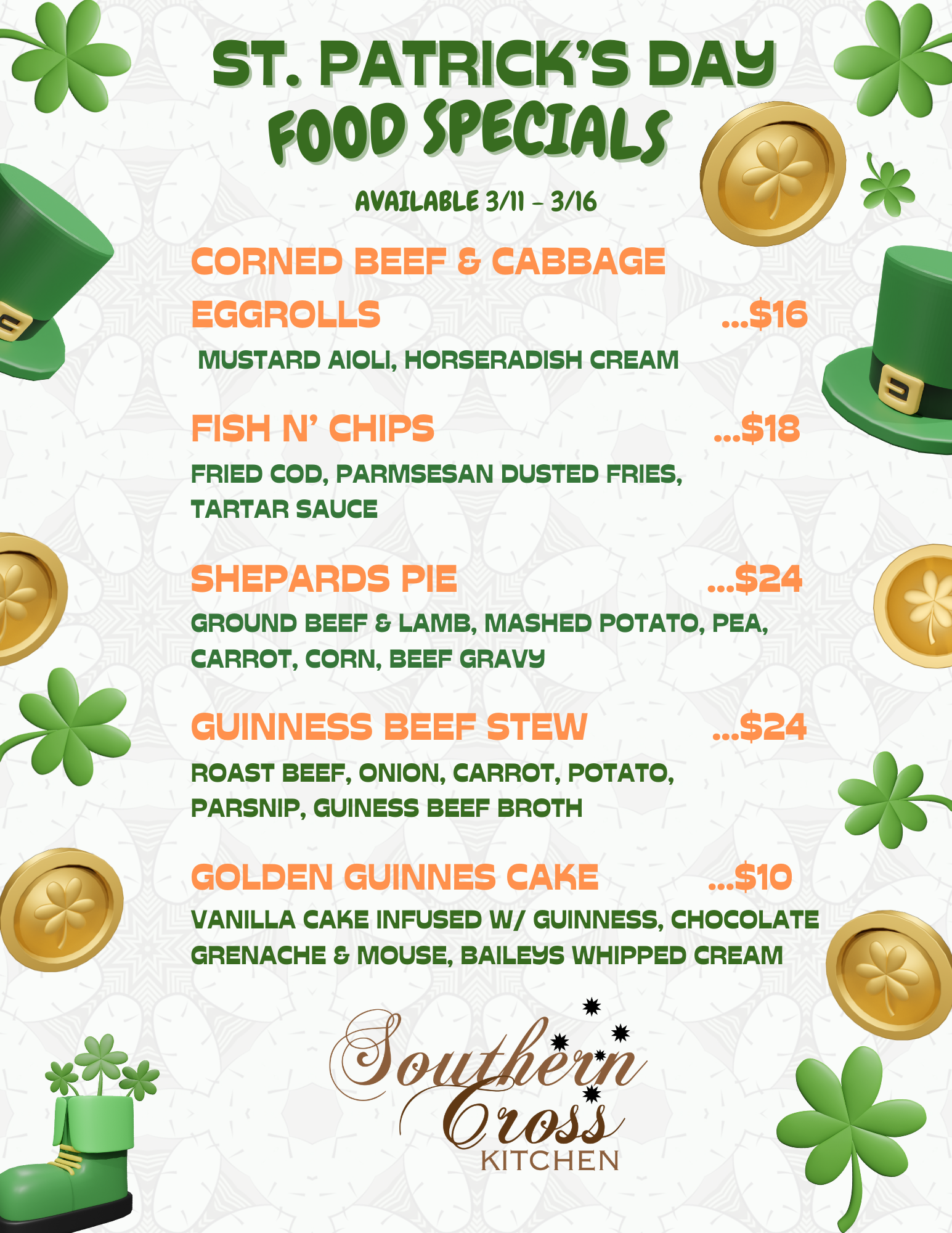 St. Patrick's Day Menu | Southern Cross Kitchen | Comfort Food ...