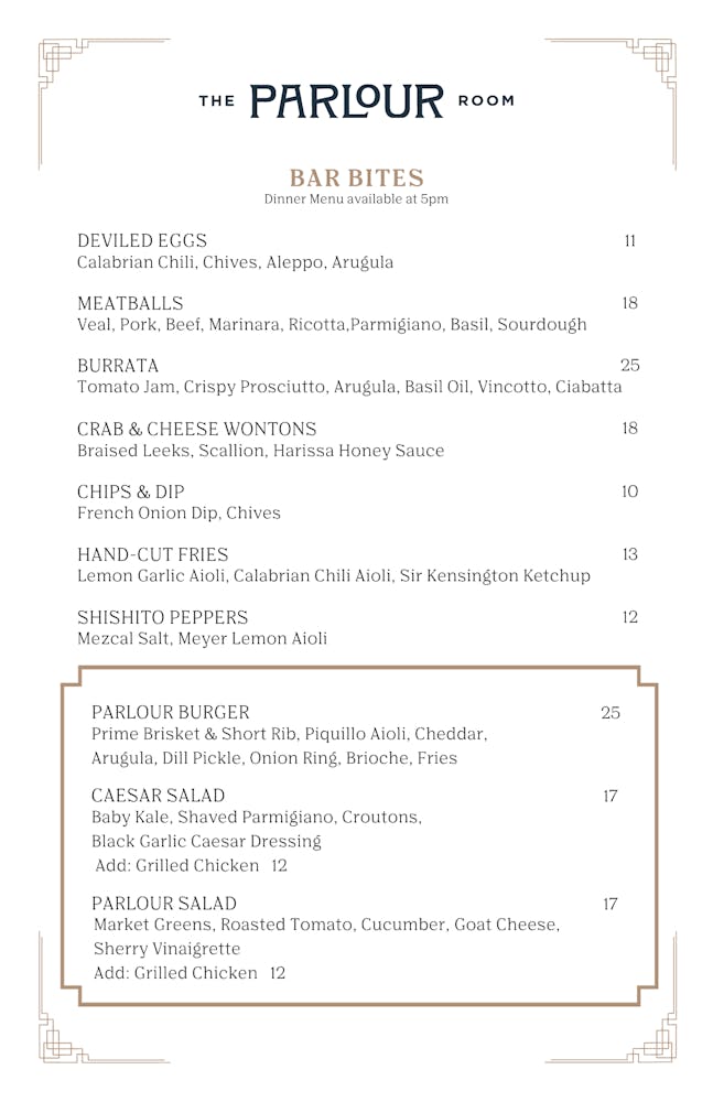 Menus | The Parlour Room in NYC